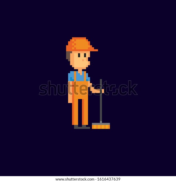 Janitor Cleaner Holds Broom Pixel Art Stock Vector (Royalty Free ...