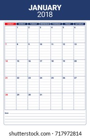 January 2018 Calendar Planner Vector Illustration Stock Vector (Royalty ...