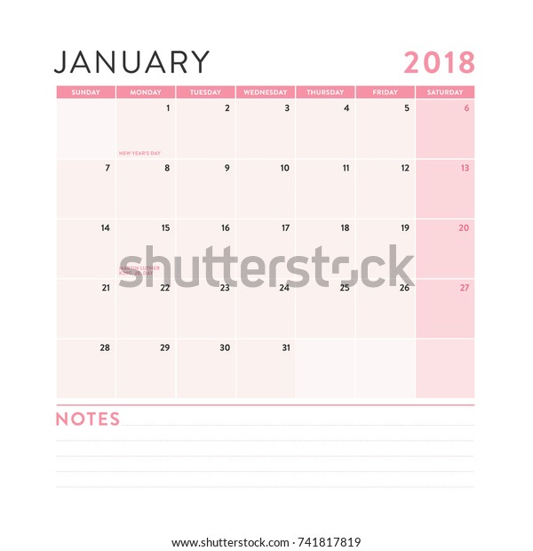 January 2019 Monthly Calendar Notes Vector Stock Vector (Royalty Free ...