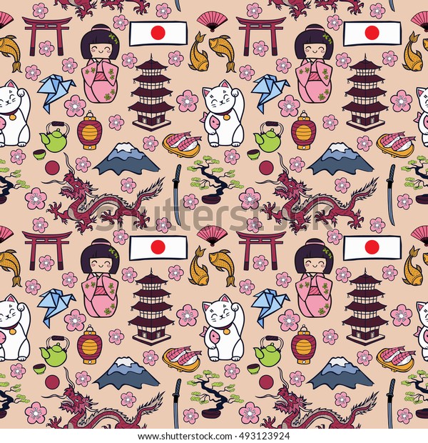 Japan Cartoon Icons Seamless Pattern Background Stock Vector (Royalty ...
