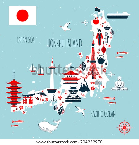 Japan Cartoon Travel Map Vector Illustration เวกเตอร์สต็อก (ปลอดค่า ...