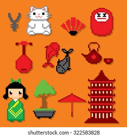 Japan Icon Set Pixel Art Old: เวกเตอร์สต็อก (ปลอดค่าลิขสิทธิ์ ...