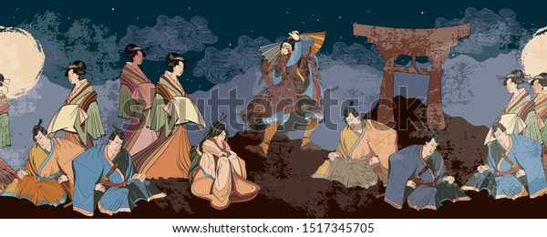 Japanese Horizontal Seamless Pattern Kabuki Actors Stock Vector ...