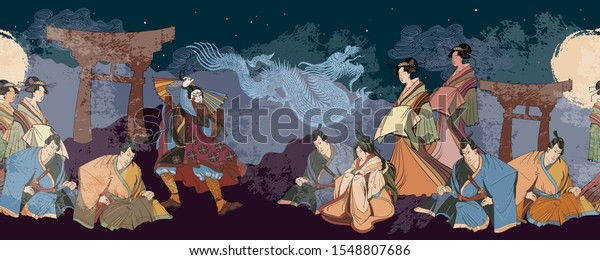 Japanese Horizontal Seamless Pattern Kabuki Actors Stock Vector ...