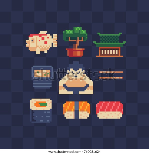 Vektor Stok Japanese Theme Pixel Art Icons Set (Tanpa Royalti ...