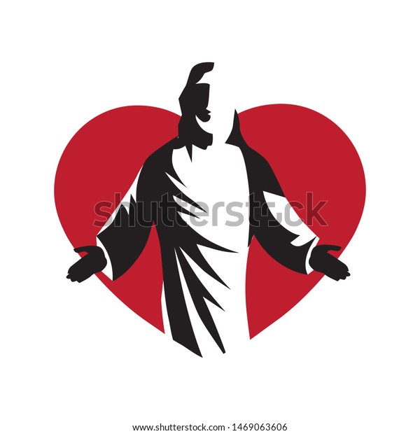Jesus Christ, son of God inside big red heart, vector logo icon