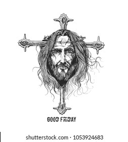 Jesus Face On Cross Hand Drawn Stock Vector (Royalty Free) 1029838660