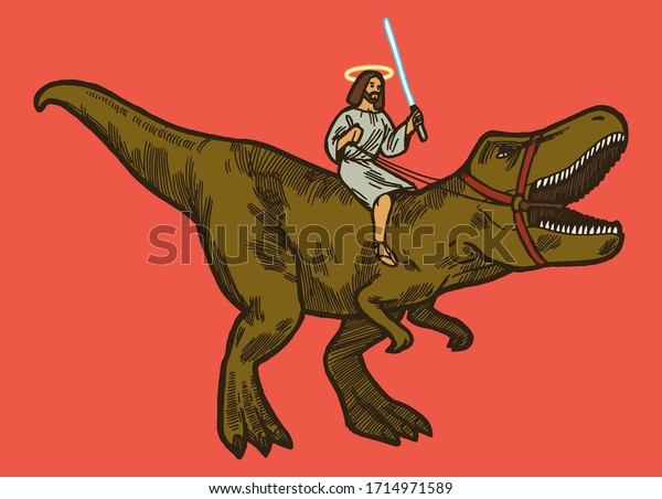 Jesús montando dinosaurio T-rex con espada: vector de stock (libre de ...