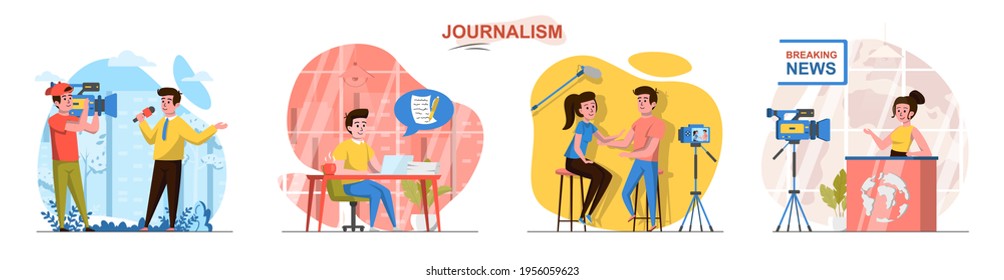 Journalism Concept Scenes Set Reporter Recording Stock Vector (Royalty ...