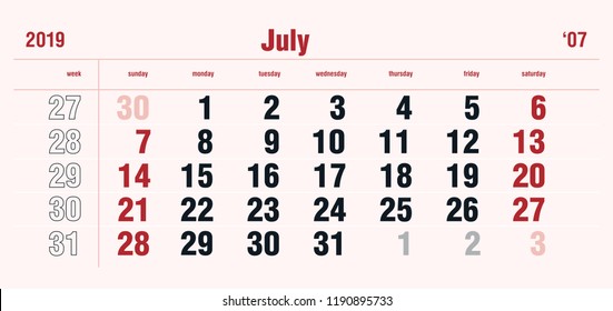 July Page 07 Month Premium 2019 Stock Vector (Royalty Free) 1190895733 ...