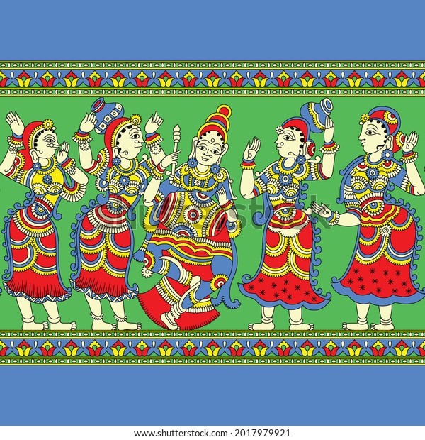 Kalamkari Border Dancing Girls Kalamkari Border Stock Vector (Royalty ...