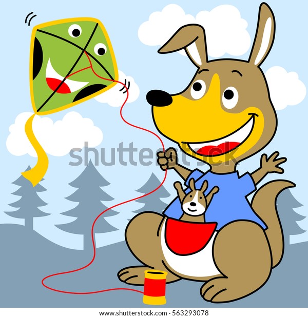 kangaroo and his son playing kite in the field, vector cartoon illustration