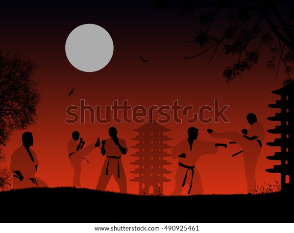 Karate Fighters Silhouette Sunset Background Vector Stock Vector ...