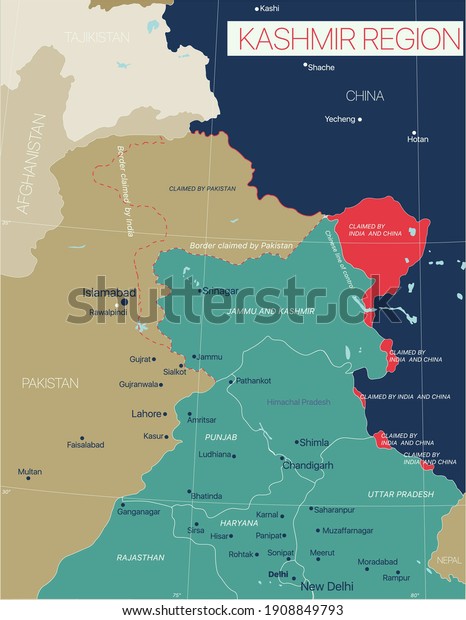 Kashmir Region Detailed Editable Map Countries Stock Vector (Royalty ...