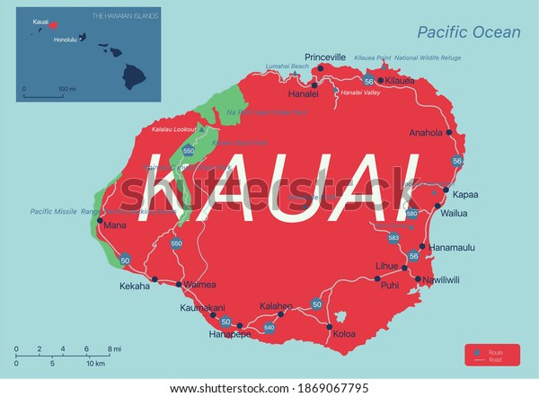 Kauai Island Detailed Editable Map Cities: เวกเตอร์สต็อก (ปลอดค่า ...
