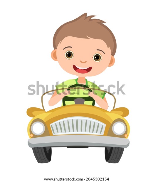 Kid Boy Drives Car Yellow Childrens Stock Vector (Royalty Free ...