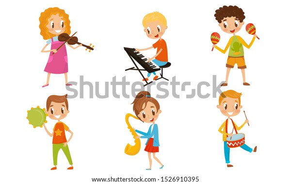 Vetor stock de Kid Characters Playing Different Musical Instruments ...