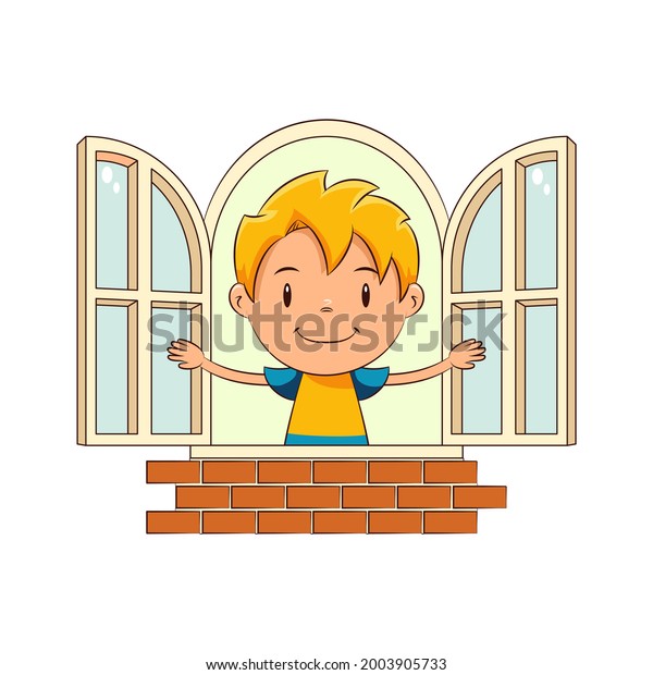 Kid Opening Window Happy Cute Child Stock Vector (Royalty Free ...