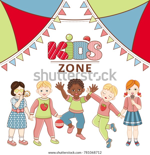 Kid zone banner, poster design with children jumping, signing, dancing ...