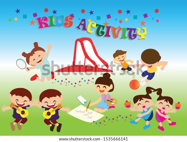 Kids activity with bright cute and funny on background gardian colour ...