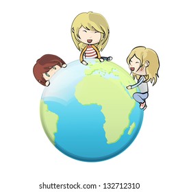 Illustration Multicultural Boy Girl Hugging Globe Stock Vector (Royalty ...