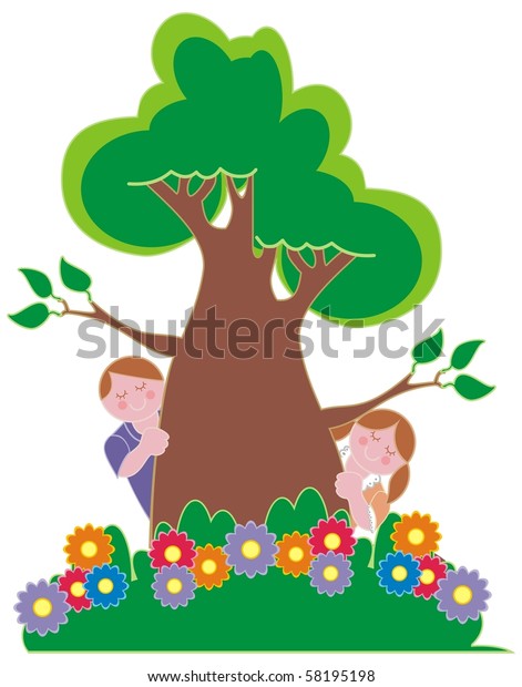 Kids Behind Tree Playing Getting Fresh Stock Vector (Royalty Free ...