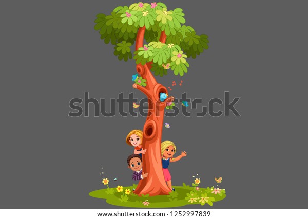 Kids Behind Tree Vector Illustration Stock Vector (Royalty Free) 1252997839