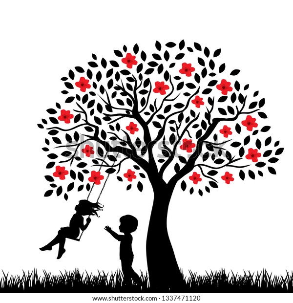 Kids Blooming Tree Swing Vector Stock Vector (Royalty Free) 1337471120