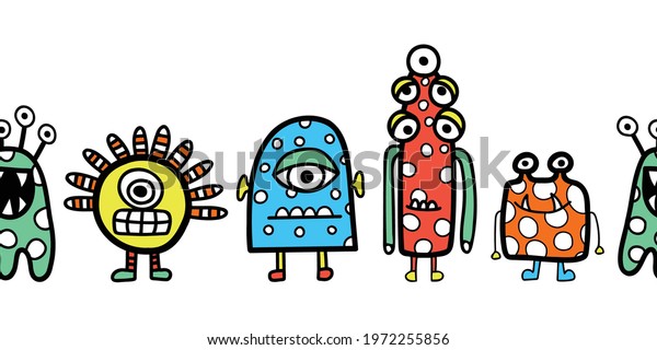 Kids Border Cute Alien Monster Robot 스톡 벡터(로열티 프리) 1972255856 ...