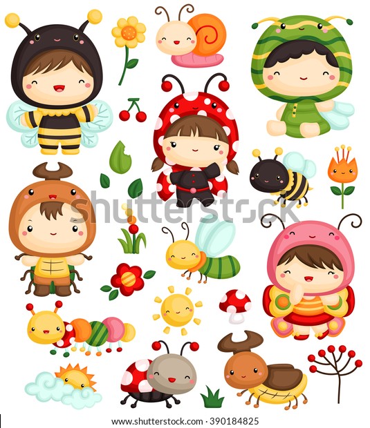 Kids Bugs Costume Vector Set Stock Vector (Royalty Free) 390184825