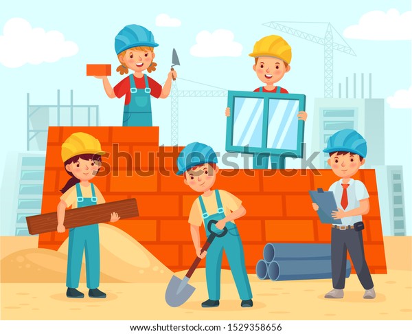 Kids Build Construction Little Workers Helmets Stock Vector (Royalty ...