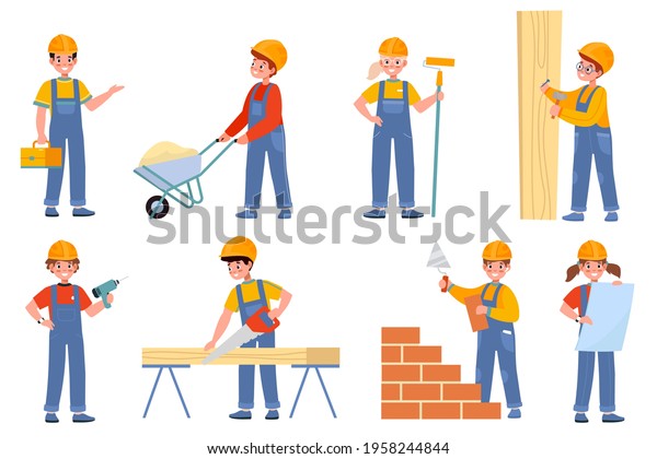 Kids Builders Young Engineers Uniform Helmets Stock Vector (Royalty ...