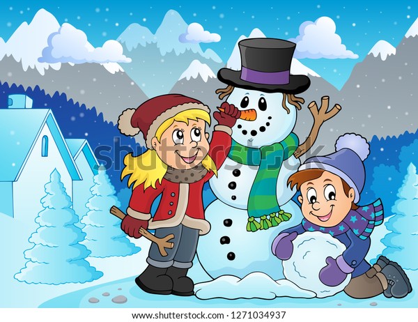 Kids Building Snowman Theme Image 2 Stock Vector (Royalty Free ...