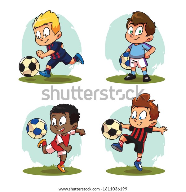 Kids Cartoon Set Pose Playing Football 스톡 벡터(로열티 프리) 1611036199 ...
