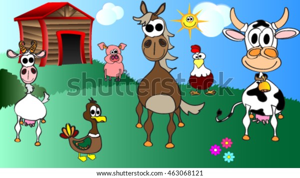 Kids Cartoon Vector Illustration Farm Animals: เวกเตอร์สต็อก (ปลอดค่า ...