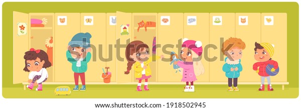 Kids Changing Clothes Lockers Kindergarten Little: เวกเตอร์สต็อก (ปลอด ...