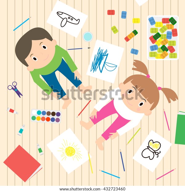 Kids Creativity Vector Illustration Top View Stock Vector (Royalty Free ...