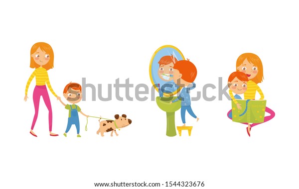 Vektor Stok Kids Daily Routine Vector Illustrations Set (Tanpa Royalti ...