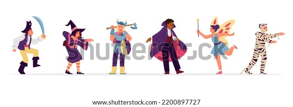 Kids Different Halloween Costumes Vector Illustrations Stock Vector ...