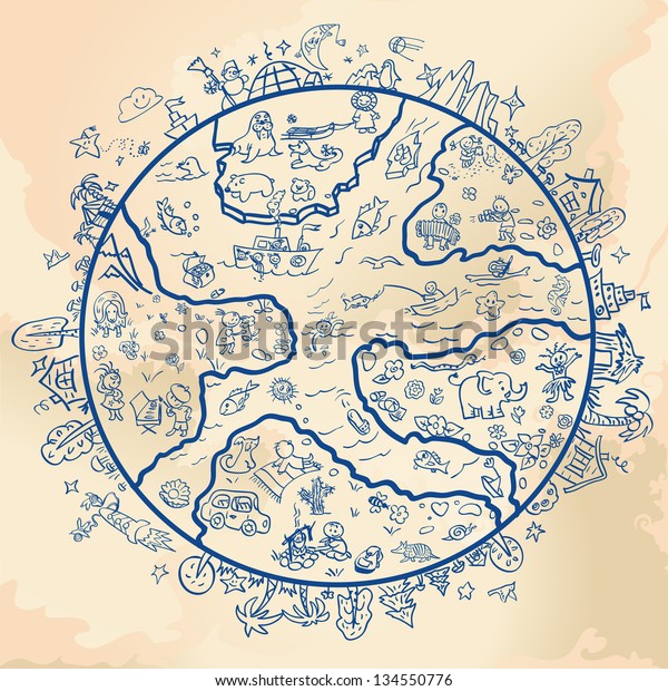 Kids Doodles Planet On Old Paper Stock Vector (Royalty Free) 134550776