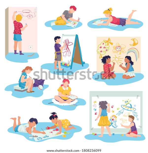 Kids Drawing Crayons Vector Illustrations Set Stock Vector (Royalty ...