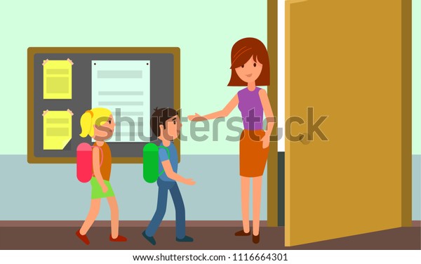 Kids Enter Classroom Background Flat Illustration 스톡 벡터(로열티 프리 ...