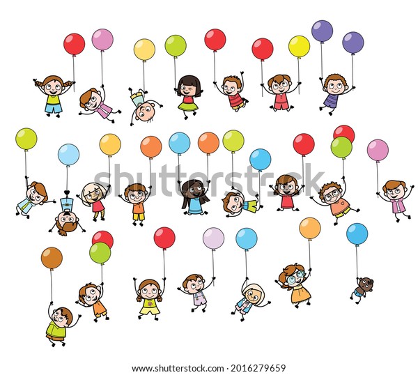 Kids Flying Balloons Cartoon Vector Set: เวกเตอร์สต็อก (ปลอดค่า ...