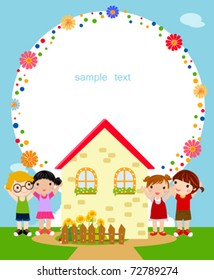 Happy Family Two Kids Near Their: illustrazione stock 1605490183 ...