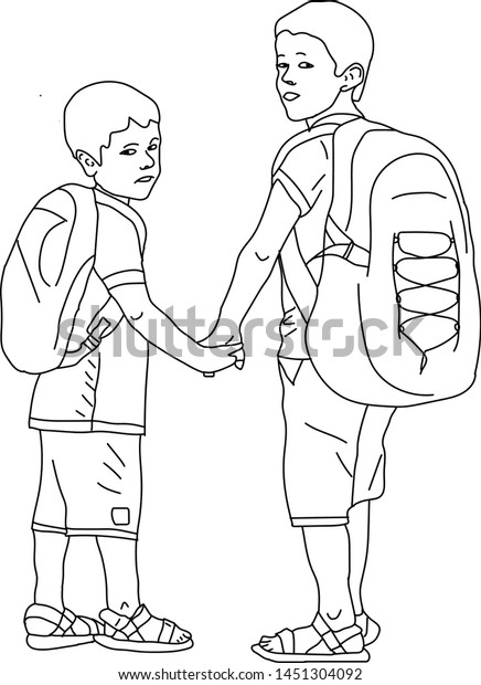 Kids Going School Line Art Outline Stock Vector (Royalty Free ...