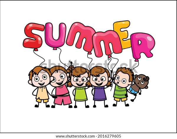 Kids Holding Summer Text Balloons Cartoon Stock Vector (Royalty Free ...