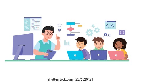 Kids Learn Coding Male Teacher Vector Stock Vector (Royalty Free ...