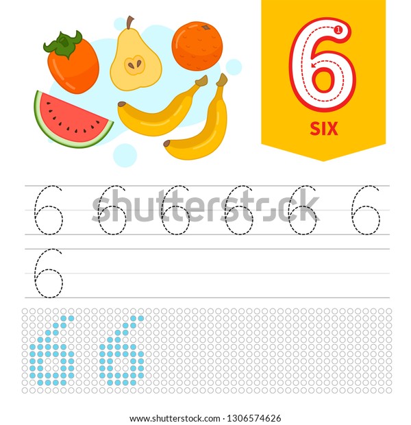 Kids learning material. Card for learning numbers. Number 6. Cartoon ...