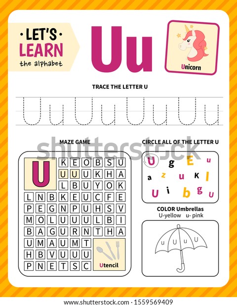 Kids learning material. Worksheet for learning alphabet. Letter U.