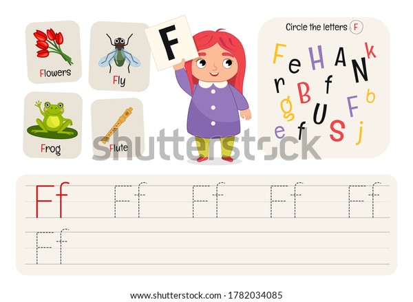 Kids learning material. Worksheet for learning alphabet. Letter F.